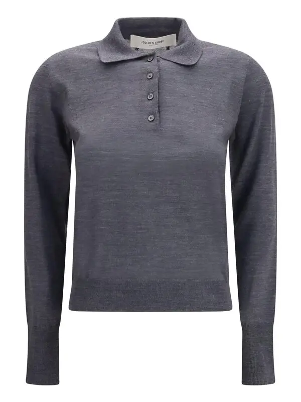 GOLDEN GOOSE Long Sleeve Merino Wool Polo Shirt - Grey