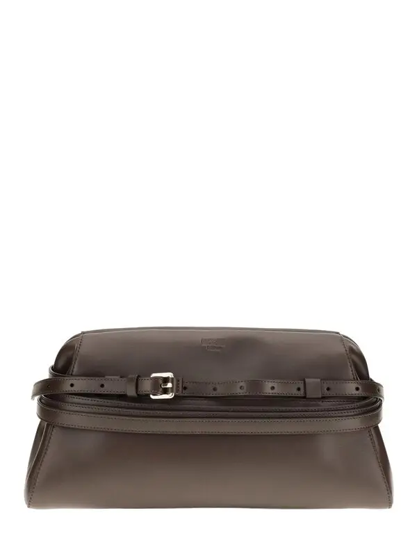 Moschino Leather Clutch With Buckle Detail - Brown