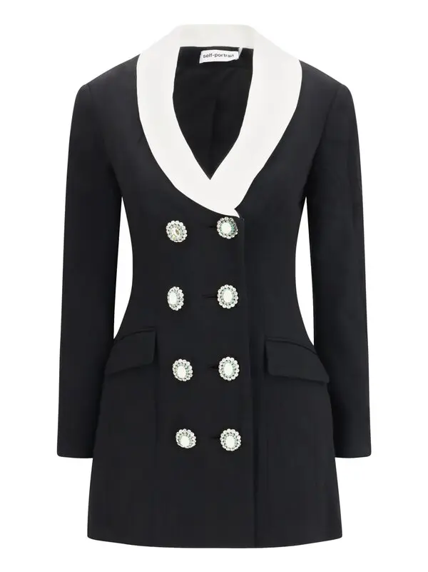 SELF-PORTRAIT Long Double-breasted Blazer With Contrast Neckline - Black