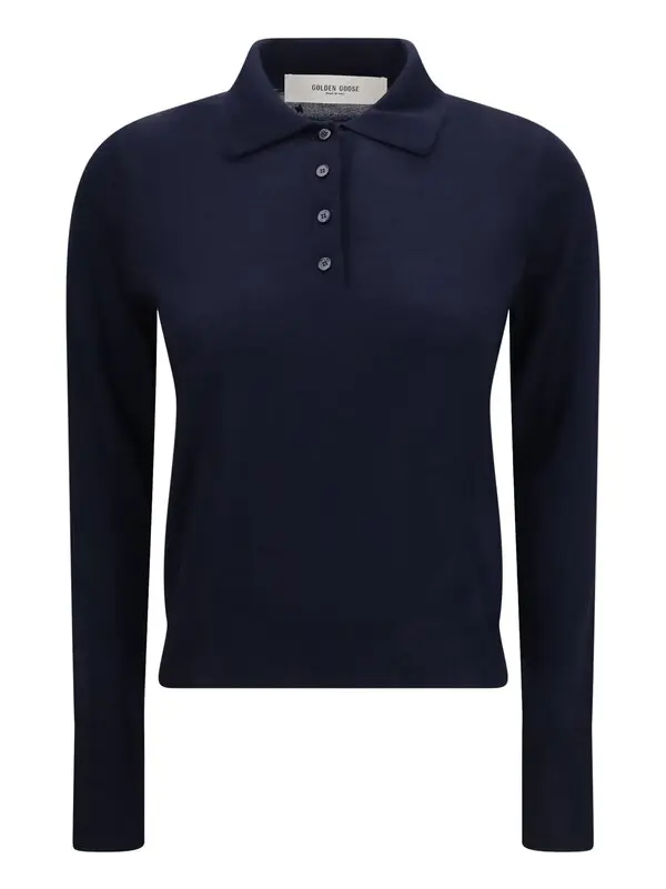 GOLDEN GOOSE Merino Wool Long Sleeve Polo - Blue