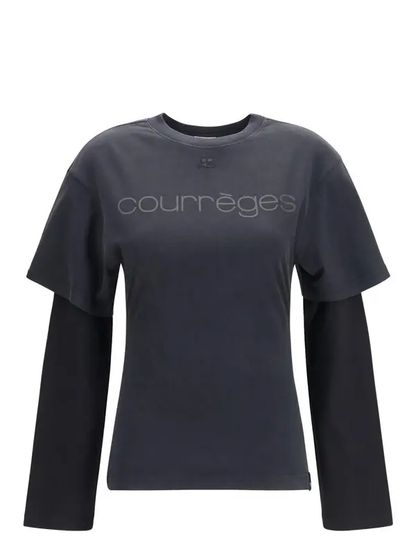 COURREGES Logo Print Double Leeve T-hirt - Black