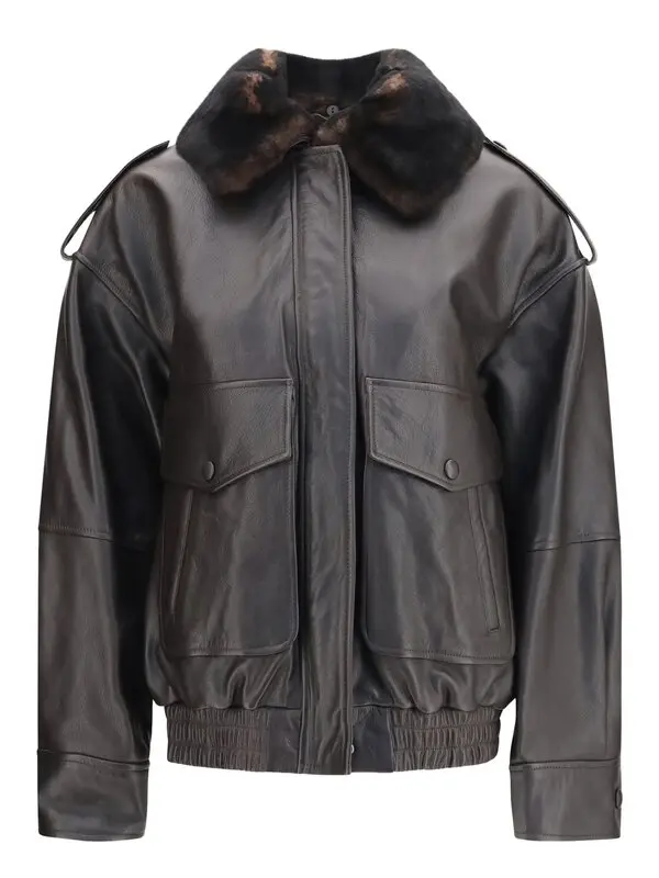 Loulou De Saison Russo Leather Bomber Jacket With Shearling Collar - Brown