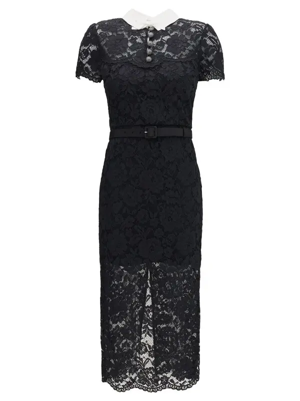 SELF-PORTRAIT Lace Contrast Collar Midi Dress - Black