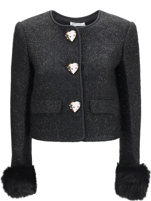 SELF-PORTRAIT Metallic Bouclé Jacket With Faux Fur Cuffs - Black