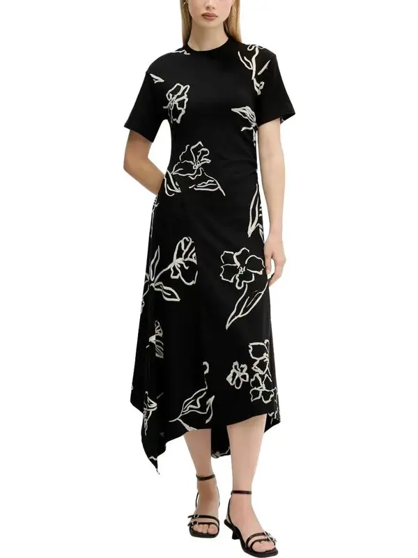 Desigual Floral Gathered Asymmetric-hem Midi Dress - Black