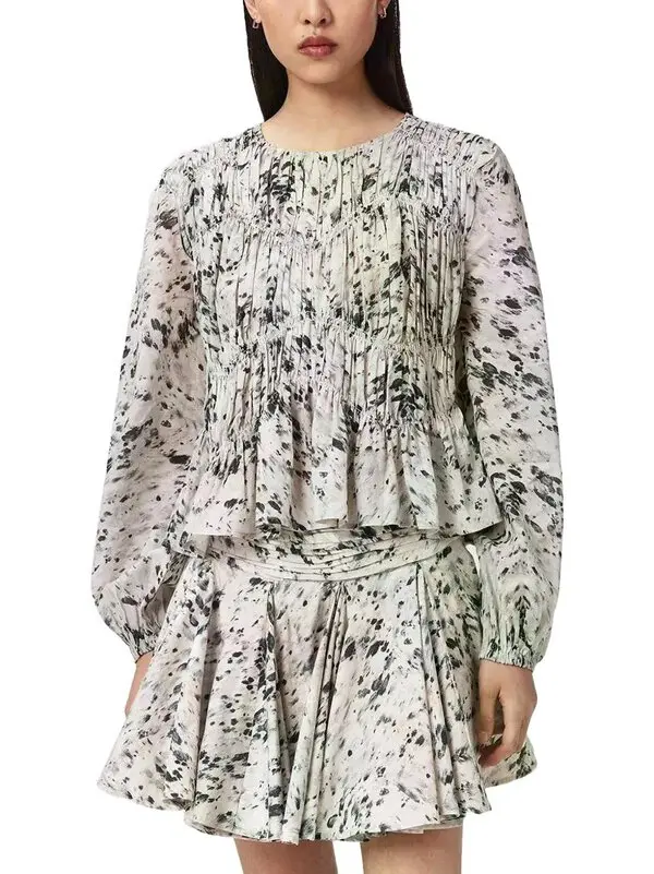 ALLSAINTS Ecru Abstract Print Shirred Bodice Peplum Blouse - Neutrals