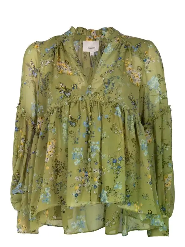 Cinq À Sept Edeline Floral-print Ruffled Blouse - Green
