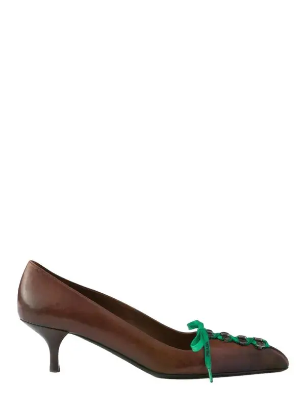 Prada Antiqued Leather Pumps With Lace Detailing - Brown