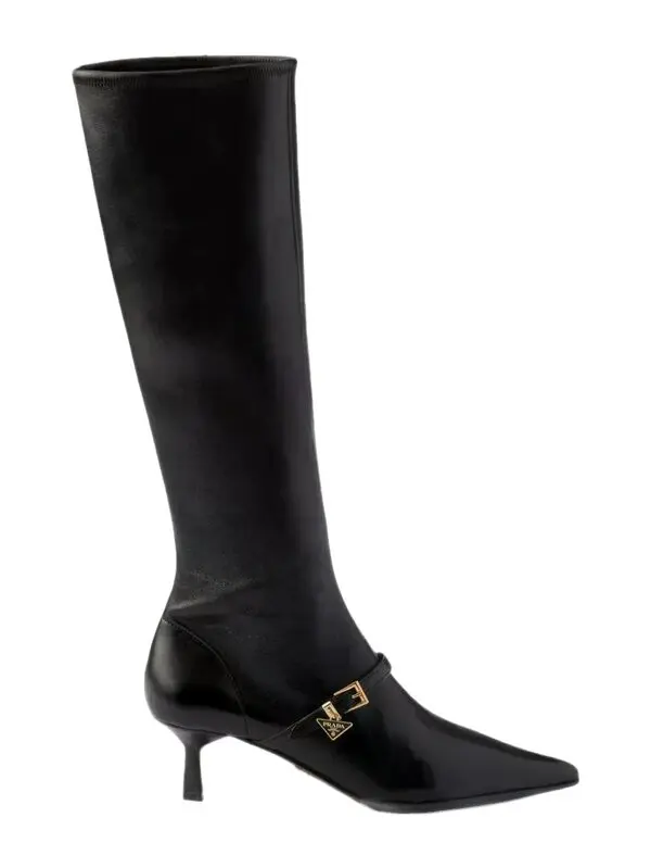Prada Stretch Nappa Leather Buckled High Heel Boots - Black