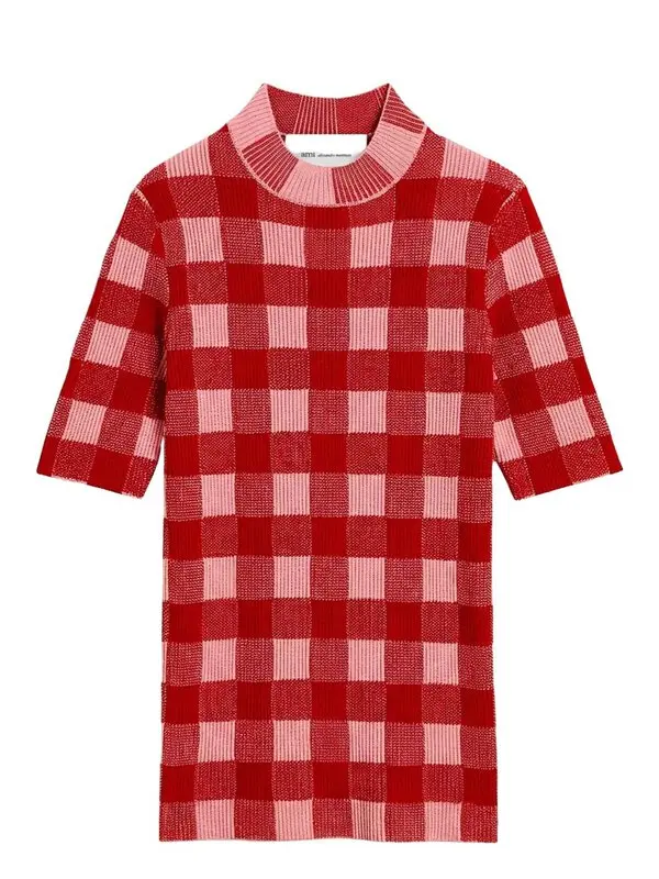 AMI Paris Checked Short Sleeve Knit Top - Soft Pink/ruby Red