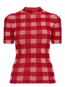 AMI Paris Checked Short Sleeve Knit Top - Soft Pink/ruby Red