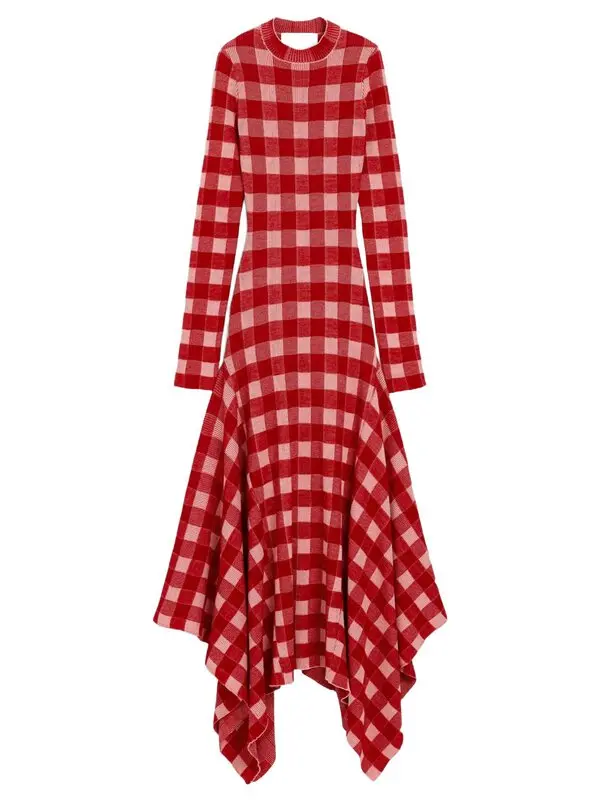 AMI Paris Maxi Pink Checkered Wool And Cotton Godet Dress - Soft Pink/ruby Red