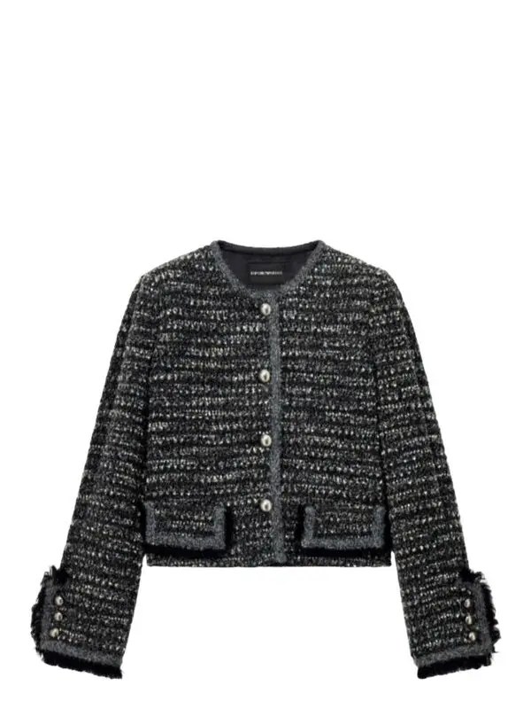 Emporio Armani Cropped Lurex Tweed Blazer In Virgin Wool With Fringed Cuffs - Black