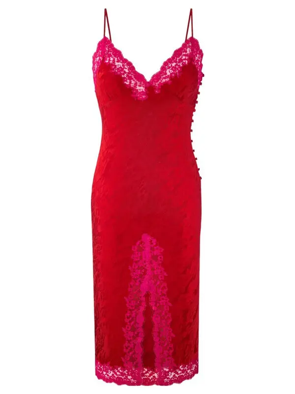 Saint Laurent Laced Midi Dress In Silk Jacquard - Brique