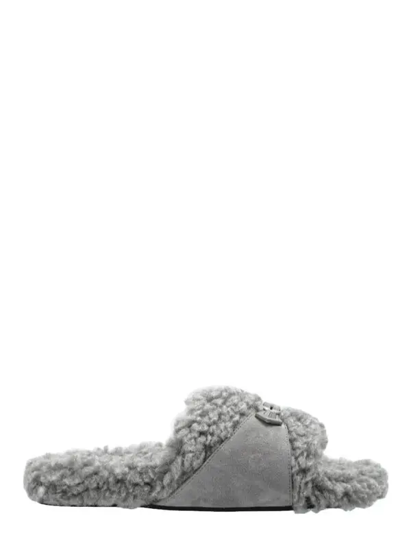 Balenciaga Furry Slides With Embossed Logo - Grey