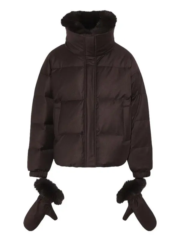YVES SALOMON Short Down Jacket In Loro Piana Fabric With Detachable Fox Fur Collar And Mittens - Brown