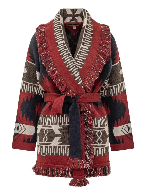 Alanui Jacquard Belted Cardigan With Fringe Trim - Red