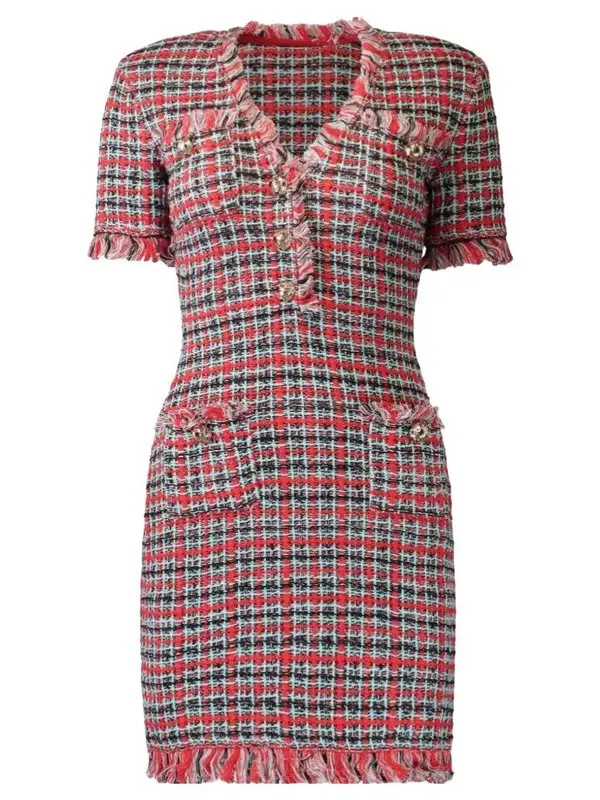 SELF-PORTRAIT Frayed Check Mini Dress With Button Detailing - Crimson