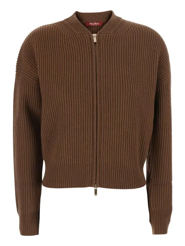 Max Mara Mstcarnet Zip-up Ribbed Knit Sweater - Brown