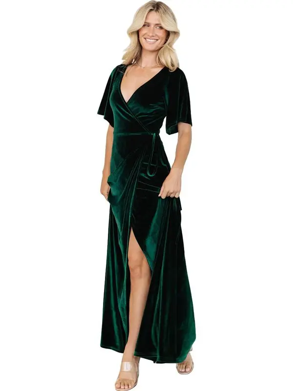 XH TEXTILES Meghan Velvet Wrap Maxi Dress - Emerald