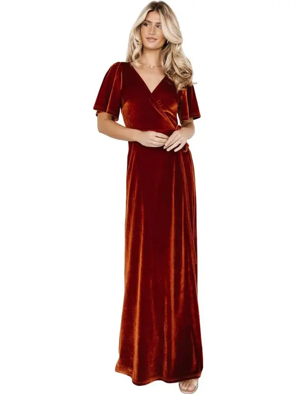XH TEXTILES Meghan Velvet Wrap Maxi Dress - Rust