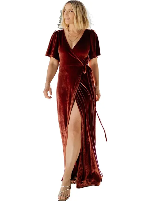XH TEXTILES Meghan Velvet Wrap Maxi Dress - Terracotta