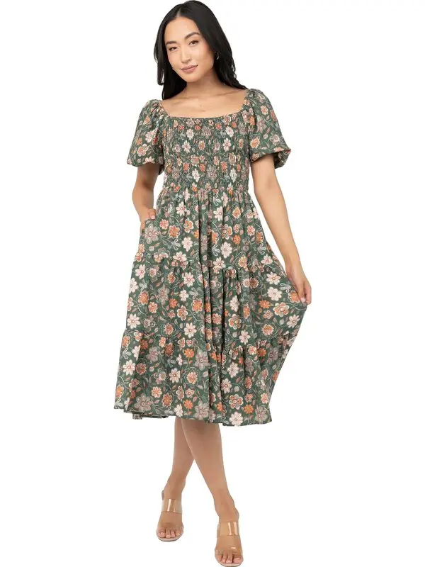 XH TEXTILES Mattea Smocked Midi Dress - Green Multi
