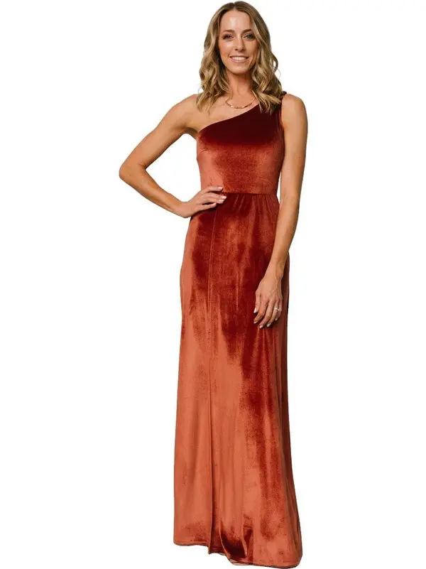 XH TEXTILES Tatiana Velvet One Shoulder Maxi Dress - Cinnamon