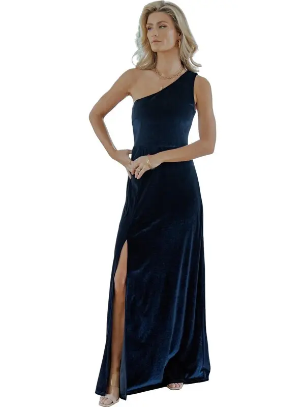 XH TEXTILES Tatiana Velvet One Shoulder Maxi Dress - Navy
