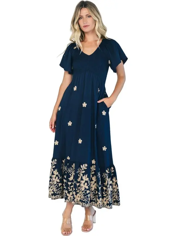 XH TEXTILES Atlantic Embroidered Maxi Dress - Navy