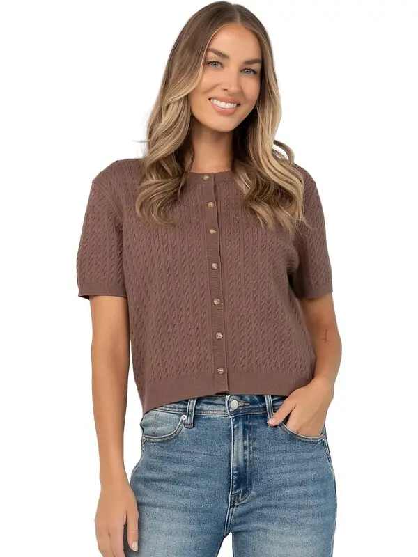 GILLI Coralie Short Sleeve Cable Knit Cardigan - Brown