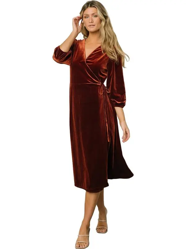 SKIES ARE BLUE Beckinsale Velvet Wrap Dress - Cinnamon