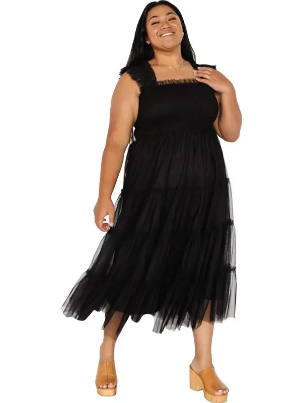 LISTICLE Emma Smocked Tulle Dress - Black