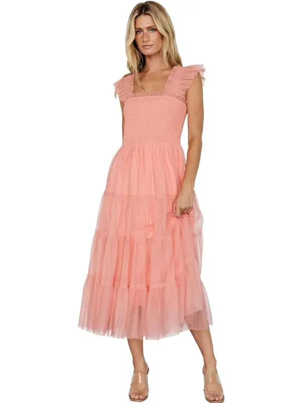 LISTICLE Emma Smocked Tulle Dress - Coral