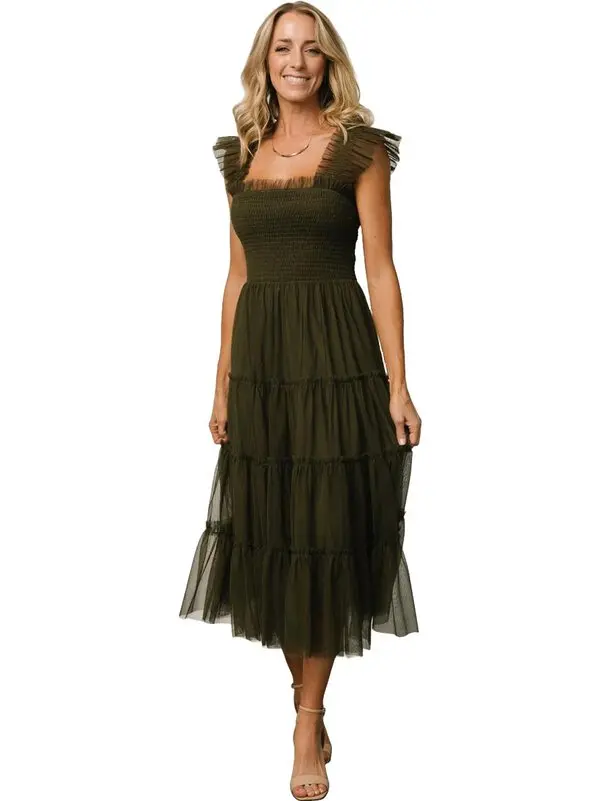 LISTICLE Emma Smocked Tulle Dress - Dark Olive