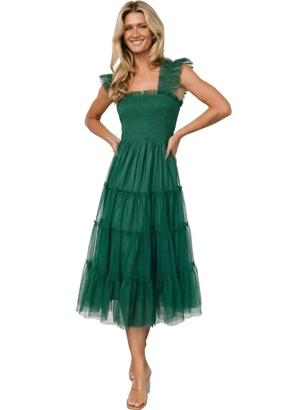 LISTICLE Emma Smocked Tulle Dress - Emerald