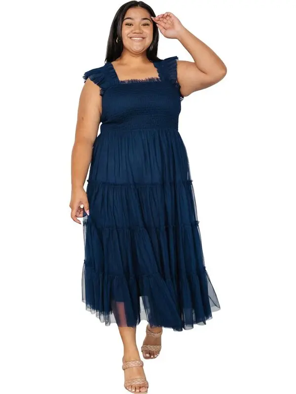 LISTICLE Emma Smocked Tulle Dress - Navy