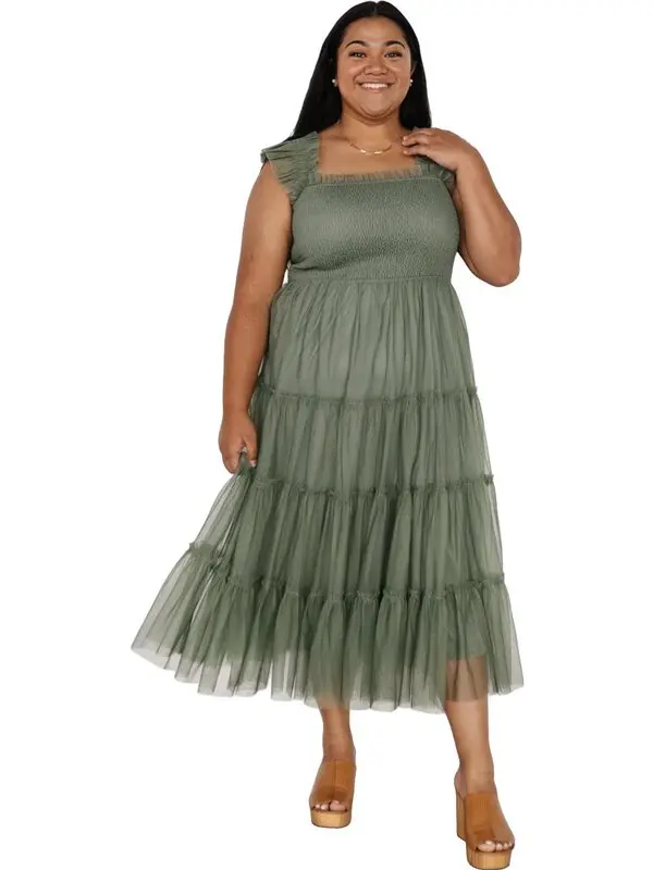 LISTICLE Emma Smocked Tulle Dress - Sage