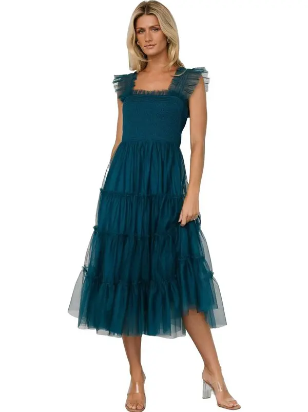 LISTICLE Emma Smocked Tulle Dress - Teal