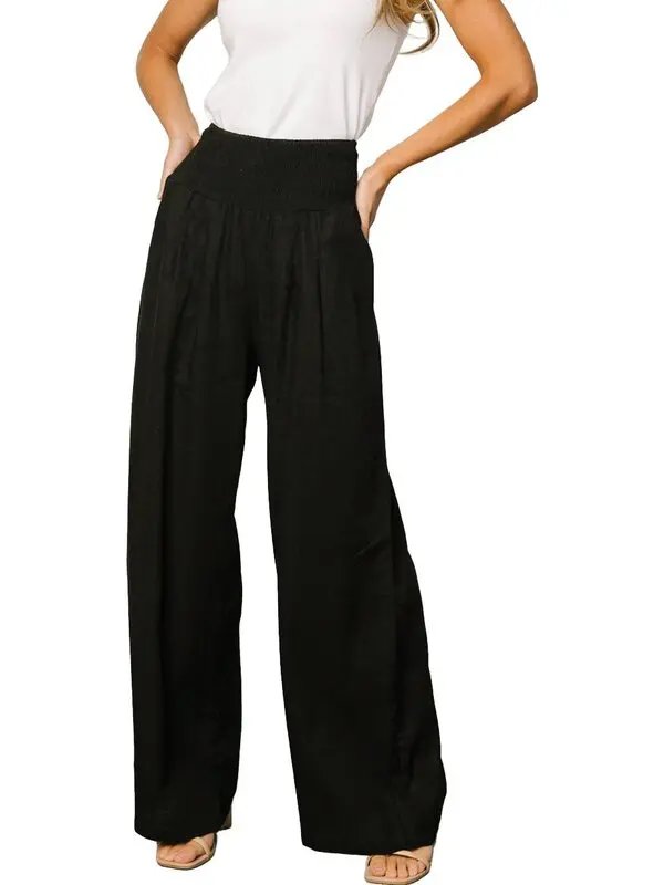 AAKAA Parvati Smocked Waist Wide Leg Pants - Black