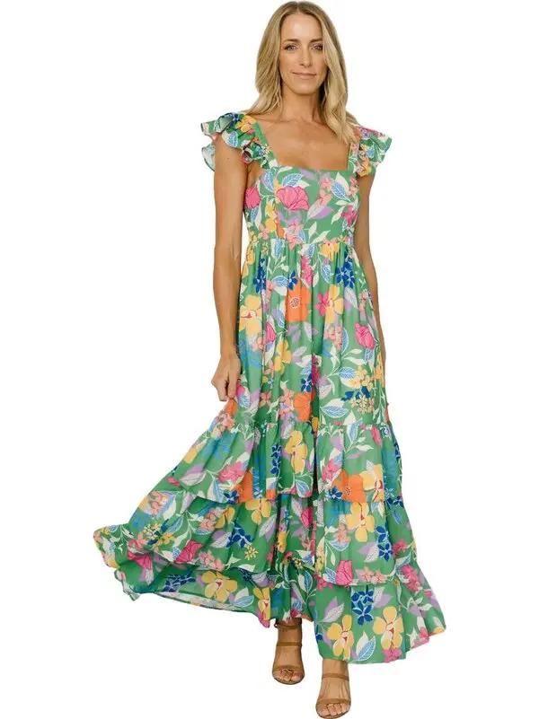 FLYING TOMATO Monte Tiered Maxi Dress - Green Multi