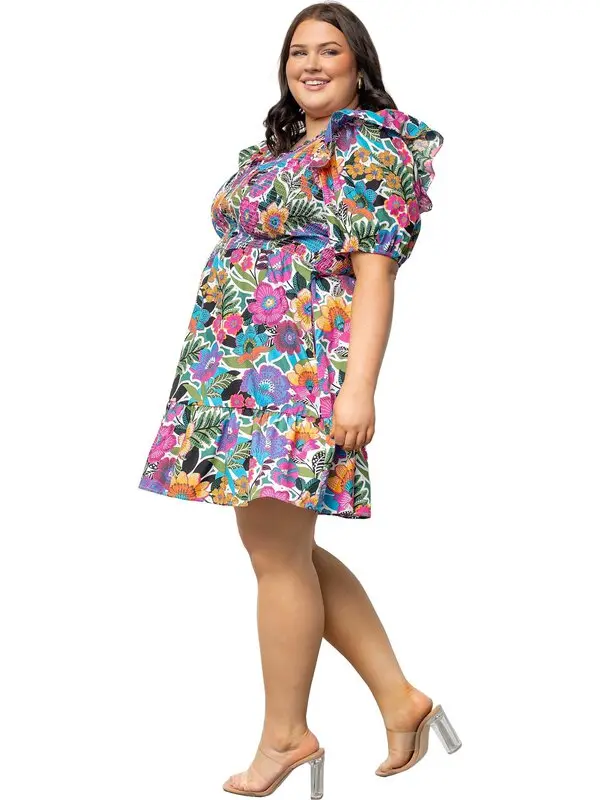 SUGAR LIPS Puff Sleeve Floral Mini Dress - White Multi