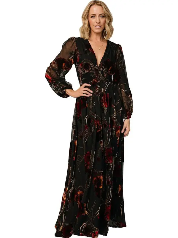 XH TEXTILES Mikla Burnout Velvet Maxi Dress - Black Multi