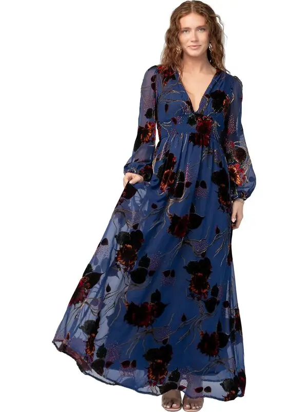 XH TEXTILES Mikla Burnout Velvet Maxi Dress - Blue Multi