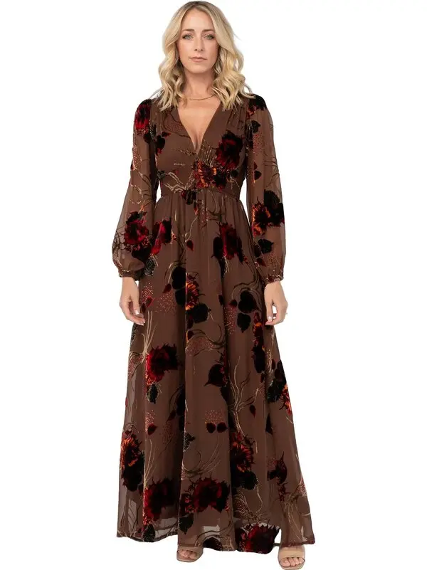 XH TEXTILES Mikla Burnout Velvet Maxi Dress - Brown Multi