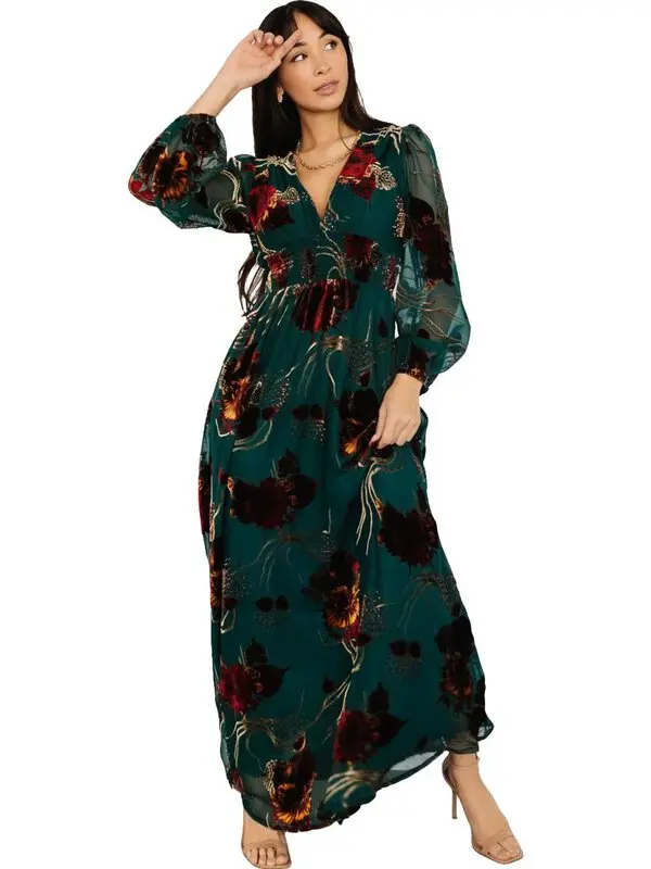 XH TEXTILES Mikla Burnout Velvet Maxi Dress - Jade Multi