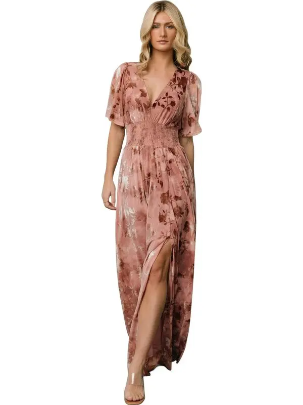 XH TEXTILES Veronica Velvet Maxi Dress With V-neck And Slit - Blush