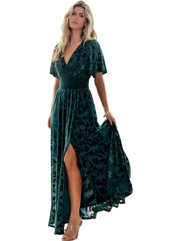 XH TEXTILES Veronica Velvet Maxi Dress With V-neck And Slit - Green