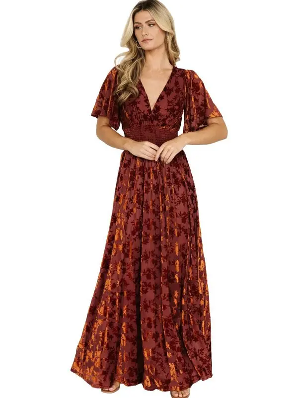 XH TEXTILES Veronica Velvet Maxi Dress With V-neck And Slit - Rust