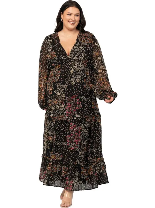 POLAGRAM Bowman Deep V Tiered Maxi Dress - Black Multi